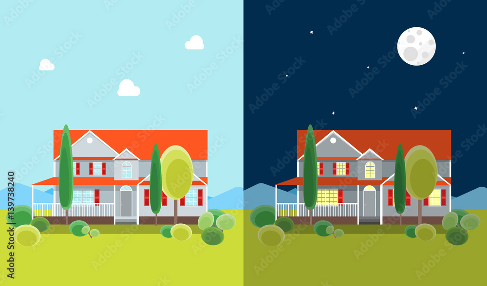 Cartoon House Building Day and Night. Vector Stock Vector | Adobe Stock