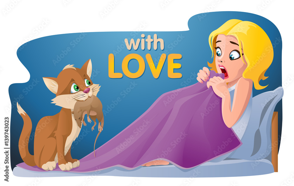 The gift. With love. Funny cat holding rat. Girl shocked. Cartoon ...