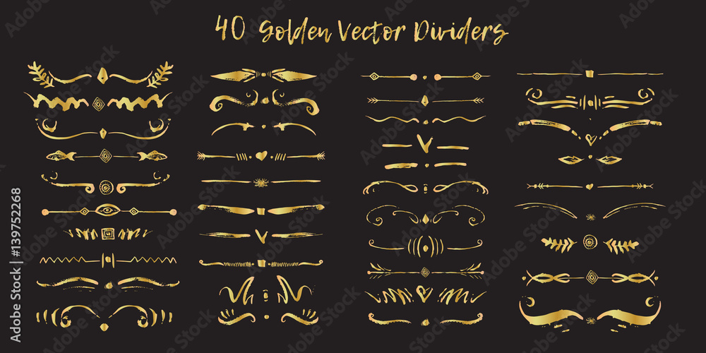 Set of handdrawn golden divide borders in ink. Swirls and dividers for ...