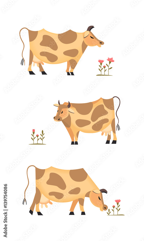 Domestic Animal icon set. Dairy cattle sign. Freehand drawn cute ...