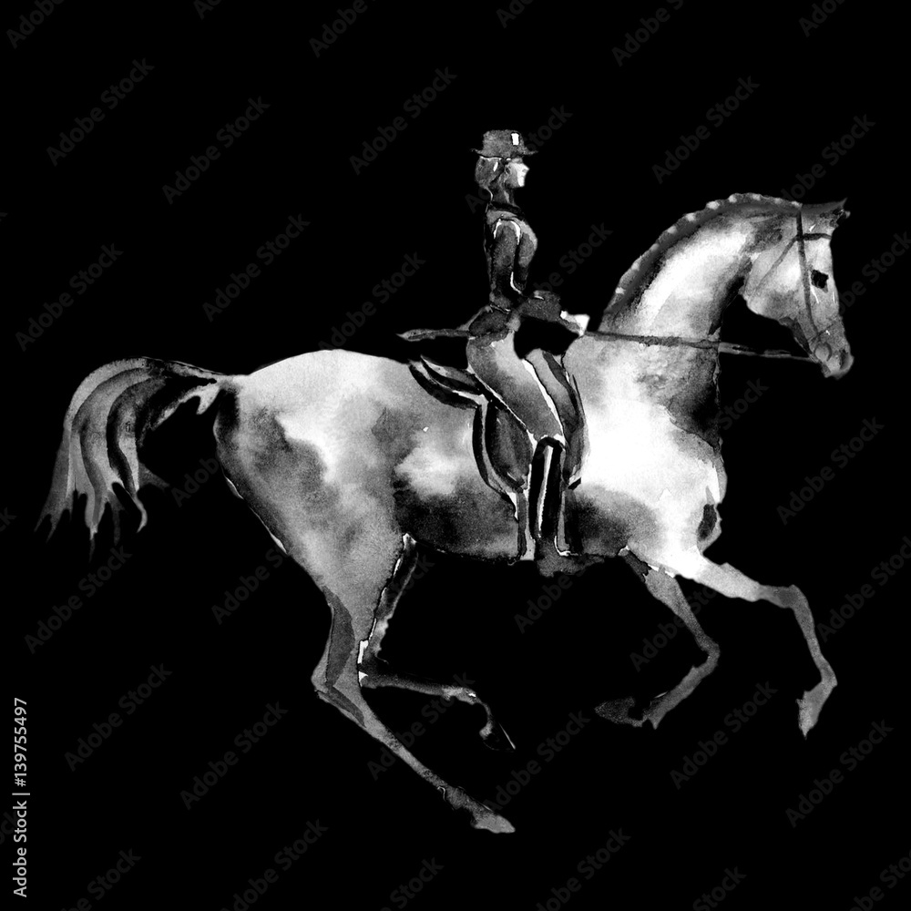 Watercolor rider and dressage horse on black background. Equestrian ...