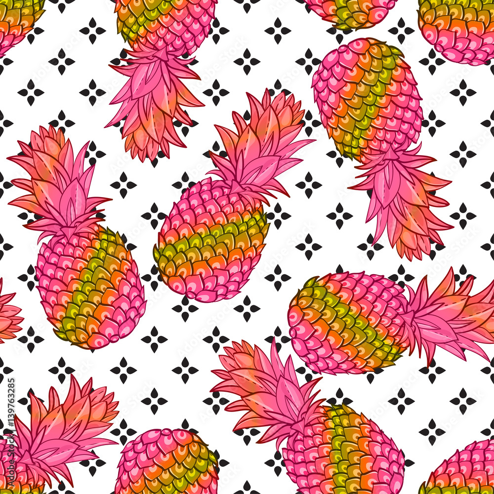 Pineapple creative trendy seamless pattern. Neon colors fashionable ...