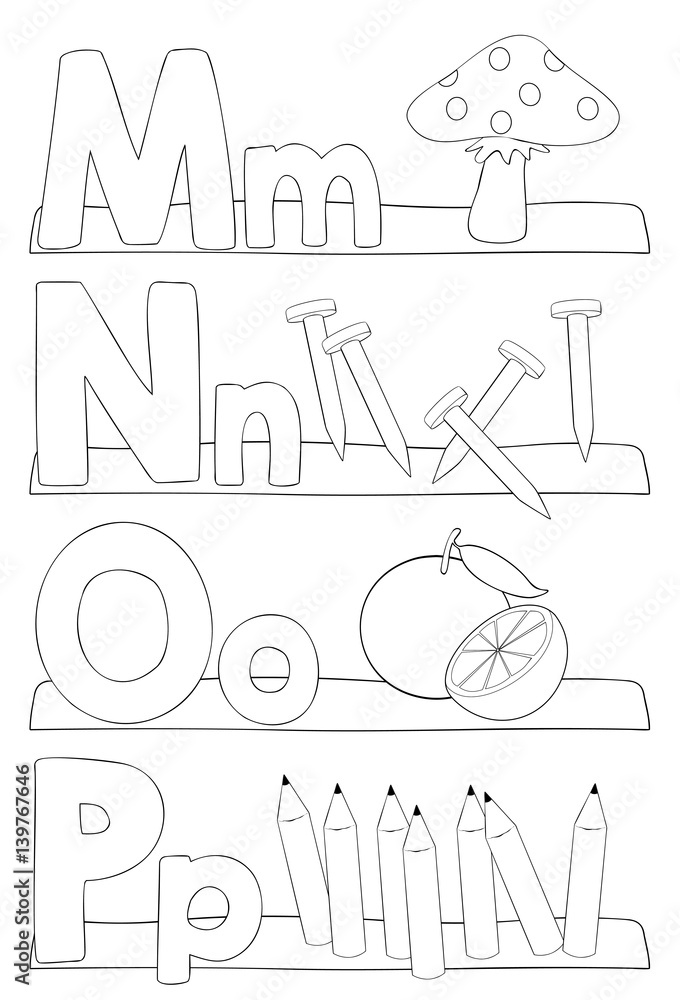 Alphabet coloring page - letters m, n, o, p Stock Vector | Adobe Stock