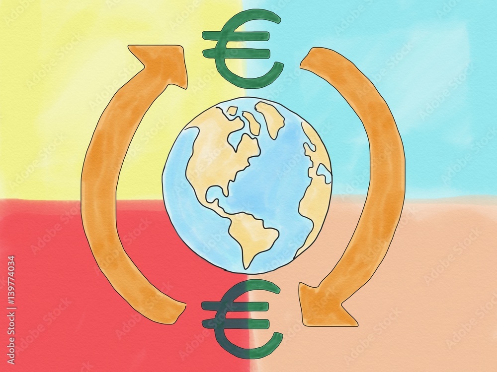 Abstract hand draw doodle euro currency sign transfer around world ... Abstract hand draw doodle euro currency sign transfer around world ...