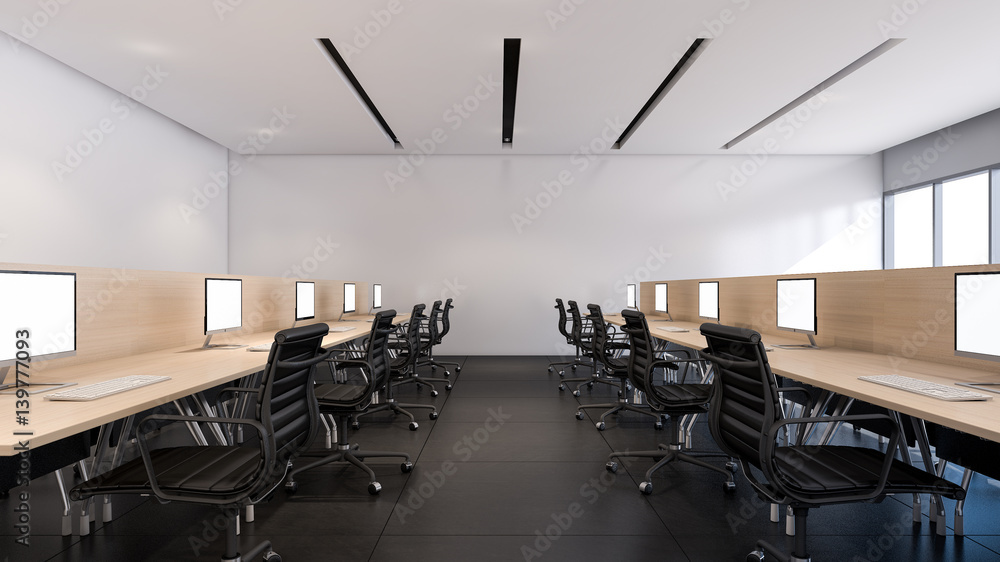 Black tile flooring in modern office interior design , 3D rendering ...