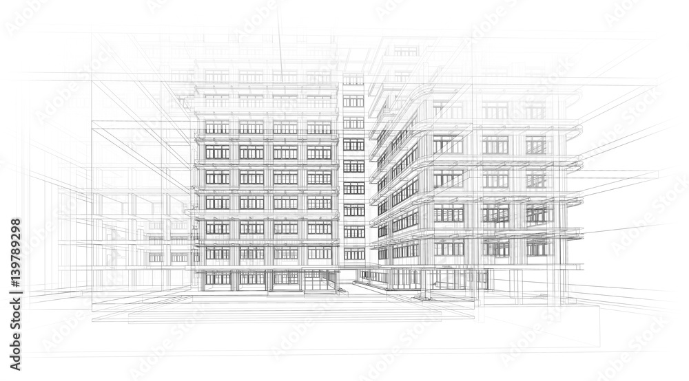 Architecture background. Perspective 3d Wireframe of building design ...