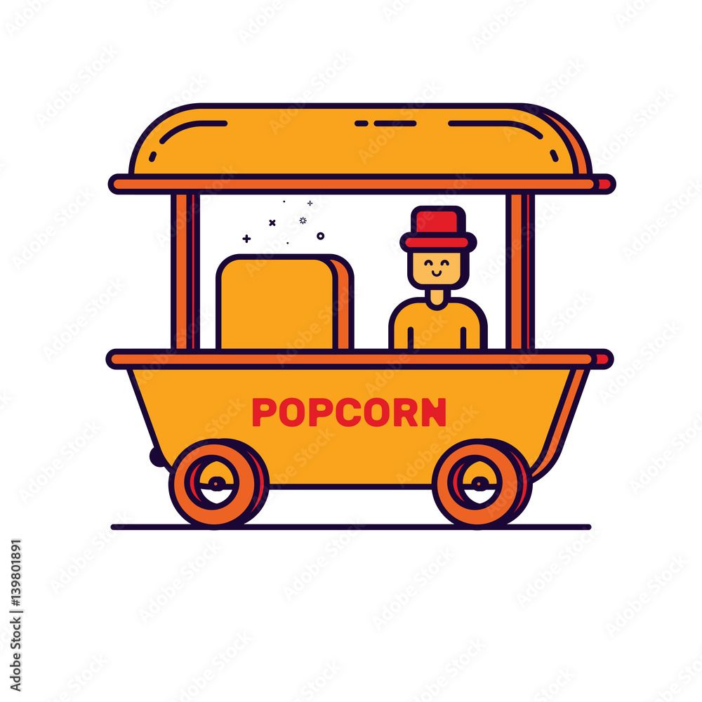 Vector illustration of cartoon outline man with popcorn cart carnival ...