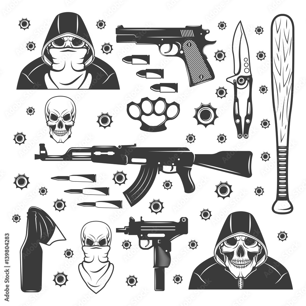 Set of Gangster ammunition and different types of weapon Stock Vector ...