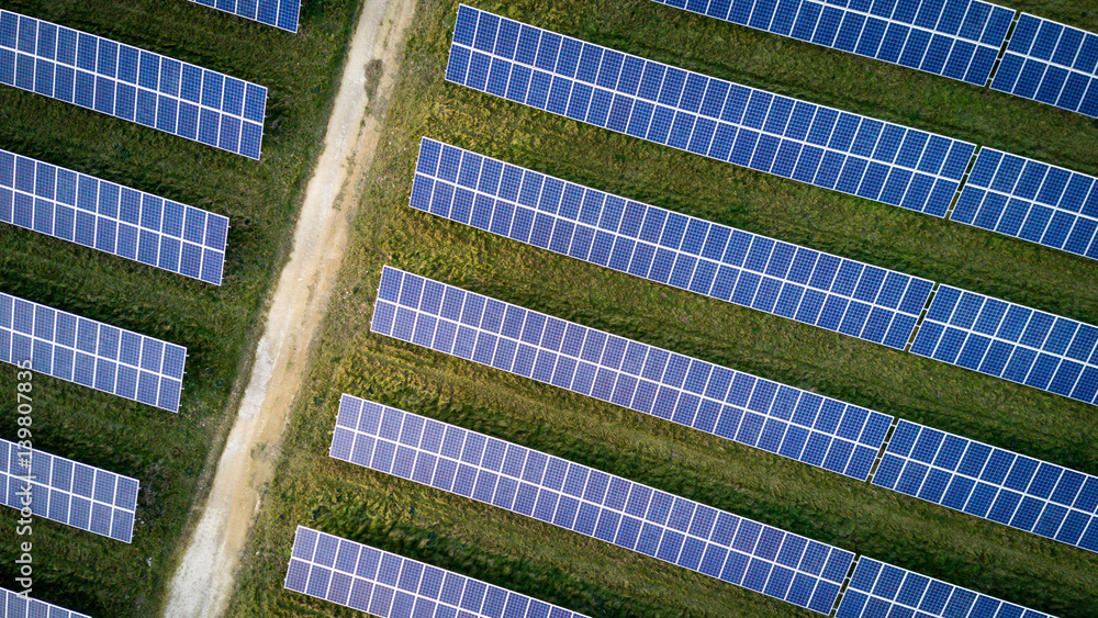 Solar energy farm. High angle, elevated view of solar panels on an ...