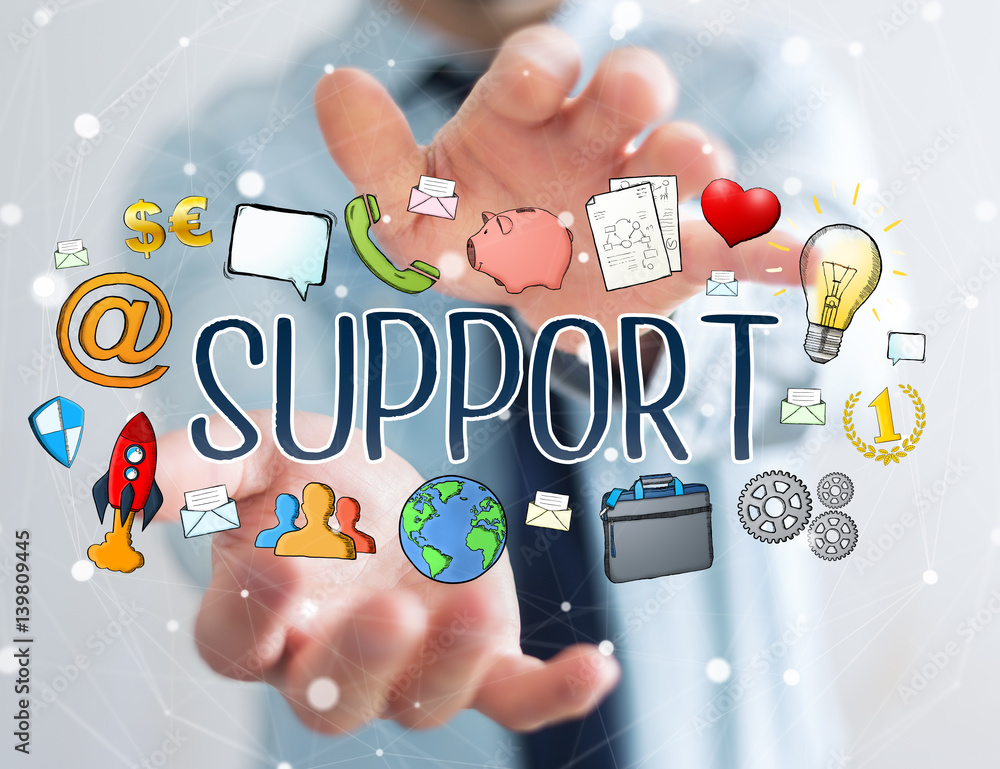 Businessman using hand-drawn support text presentation Stock Photo ...