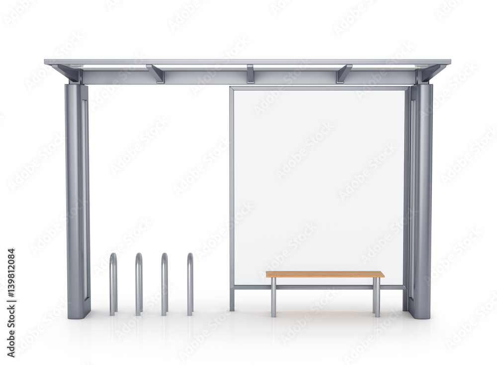 bus stop with Bicycle rack, isolated on white background. 3D ...