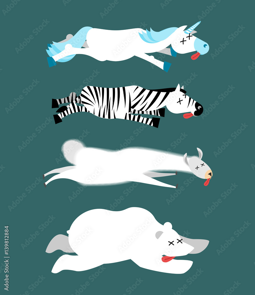 Dead animals set 1. Unicorn and zebra. Llama and polar bear. animal is ...