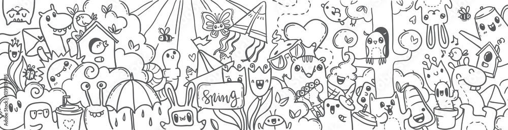 Spring hand drawn doodles banner. cartoon spring. black-and-white ...