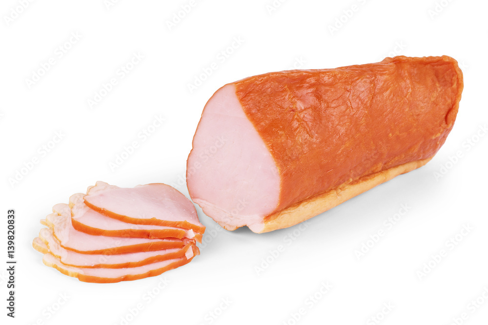 Smoked boneless pork ham hock wrapped in netting isolated on white foto ...