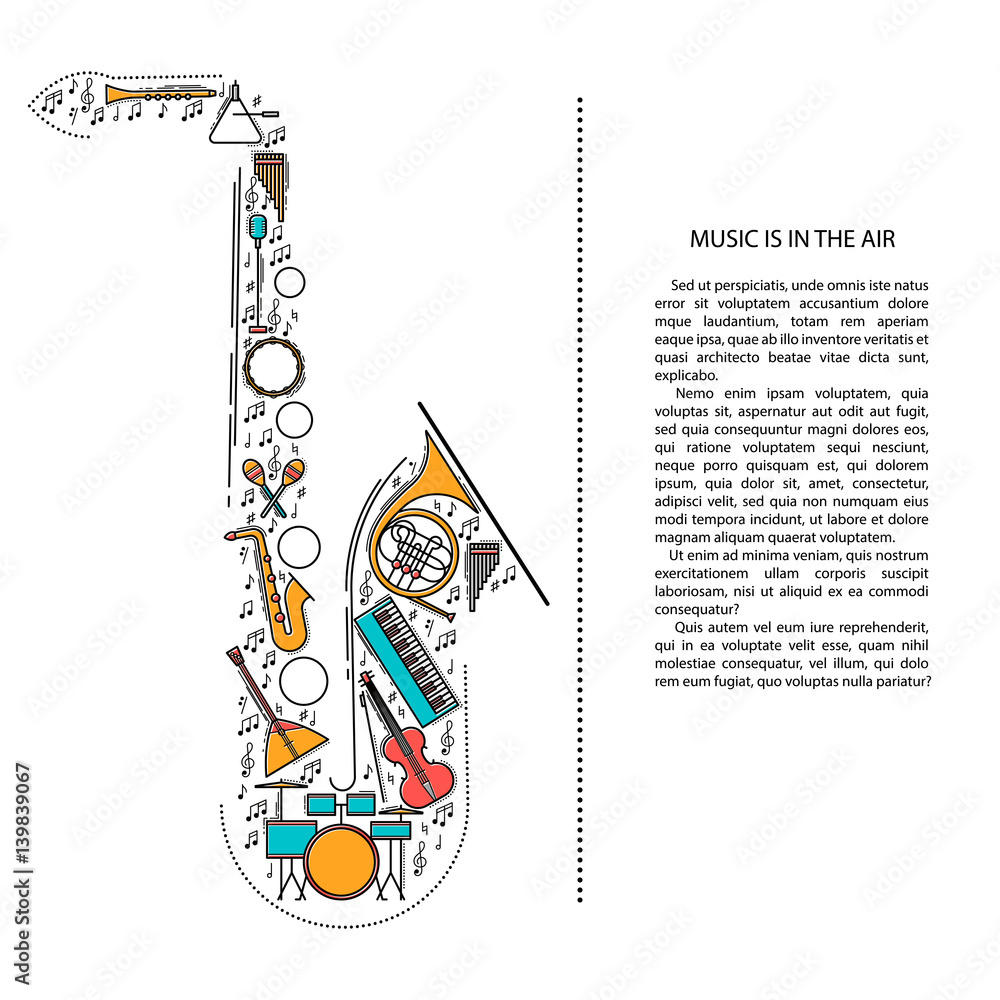 Music instrument line icons in saxophone shape. Art musical brochure ...