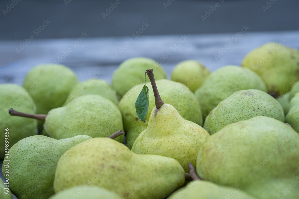 Close view of juicy fresh yellow pears. Horizontal view of bio pears ...