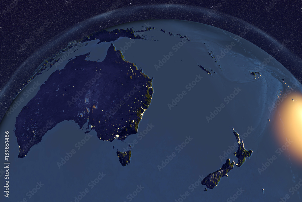 Planet Earth from space showing Australia and New Zealand in night with ...