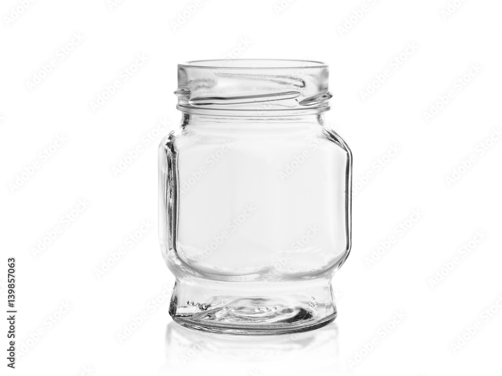 Empty glass jar of unusual shape with shadow and reflection on white ...