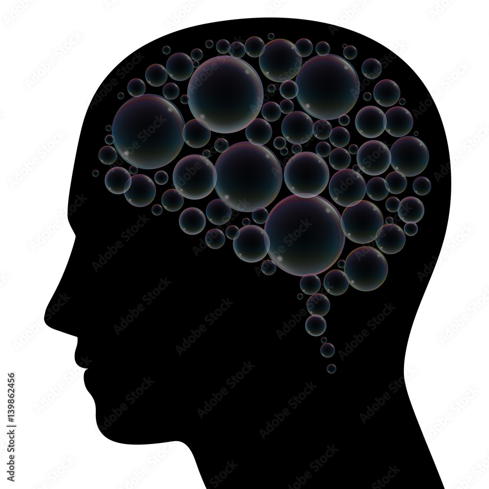 Soap bubbles instead of brain in a human head, as a symbol for fantasy ...