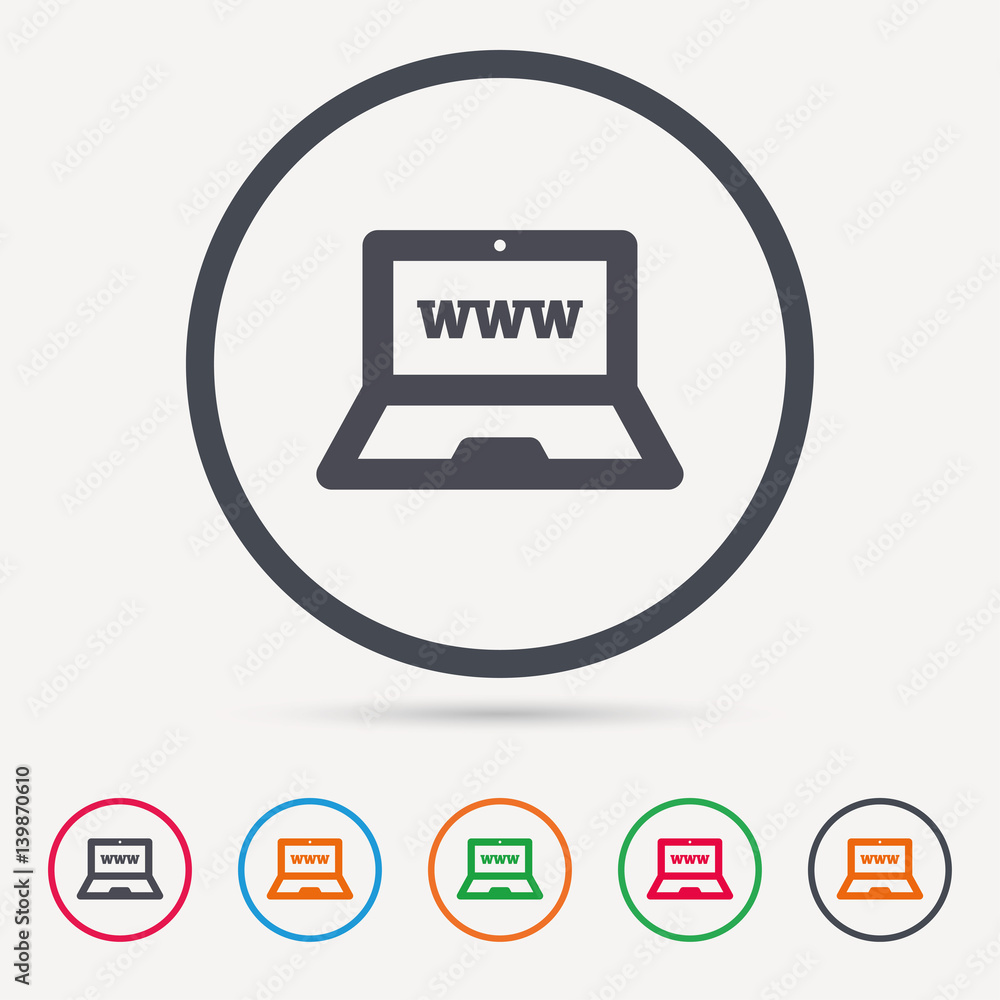 Computer icon. Notebook or laptop pc symbol. Round circle buttons ...