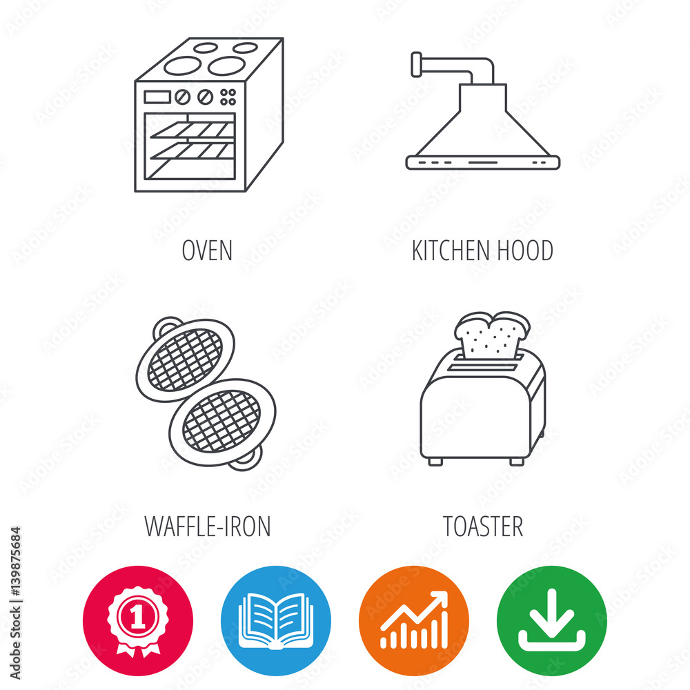Oven, toaster and waffle-iron icons. Kitchen hood linear sign. Award ...