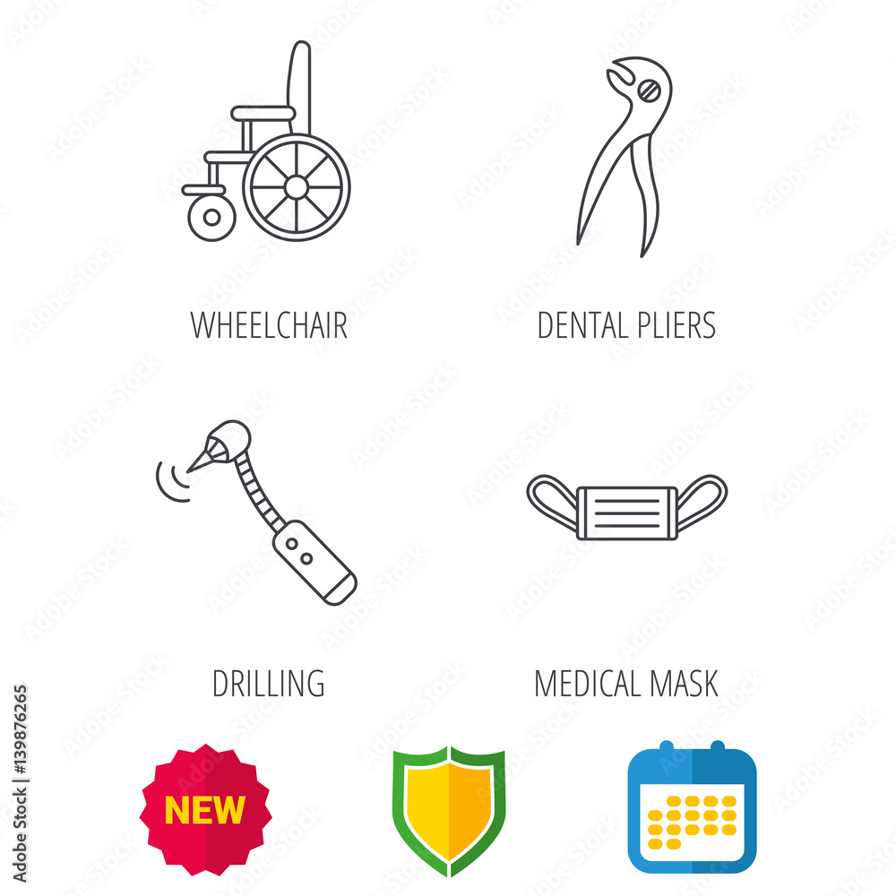 Medical mask, wheelchair and dental pliers icons. Drilling tool linear ...