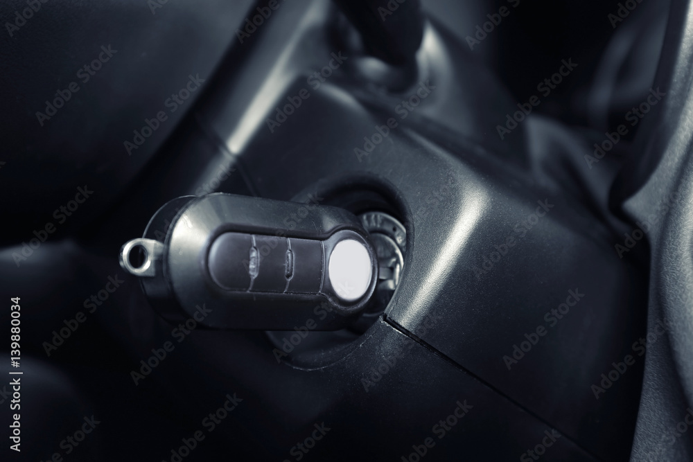 Closeup view of car key in ignition lock Stock Photo | Adobe Stock