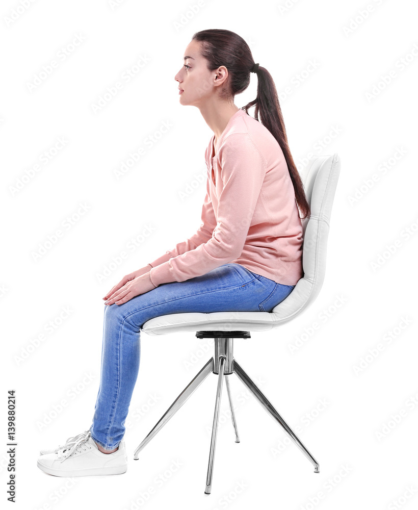 Posture concept. Young woman sitting on chair against white background ...