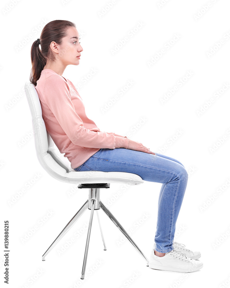 Posture concept. Young woman sitting on chair against white background ...