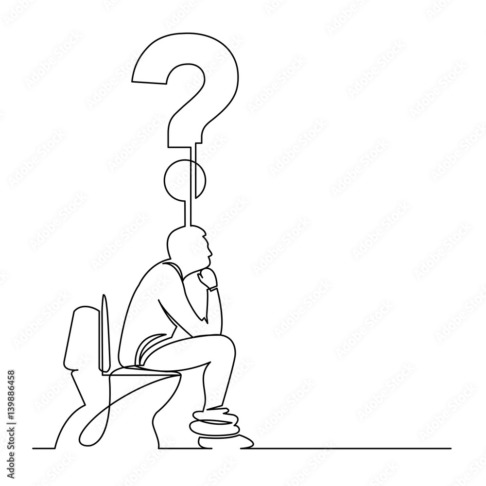 continuous line drawing of man sitting on toilet seat thinking about a ...