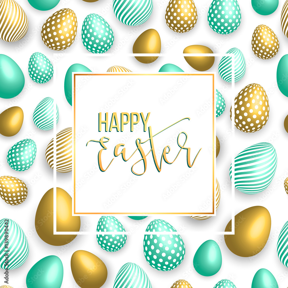 Happy easter seamless pattern with realistic gold, red, mint, green ...