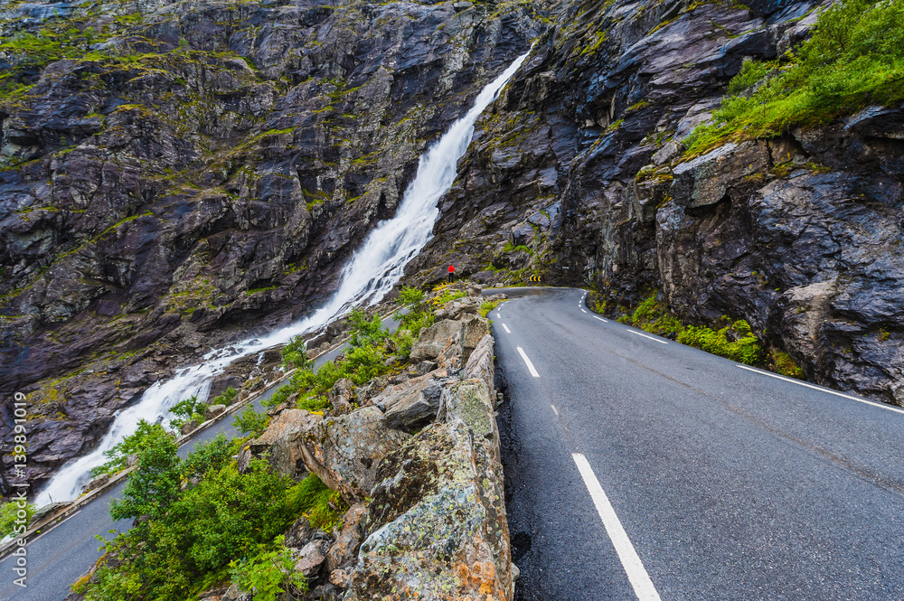 Norwegian Stigfossen waterfall on the road trolls. Trollstigen. Norway ...