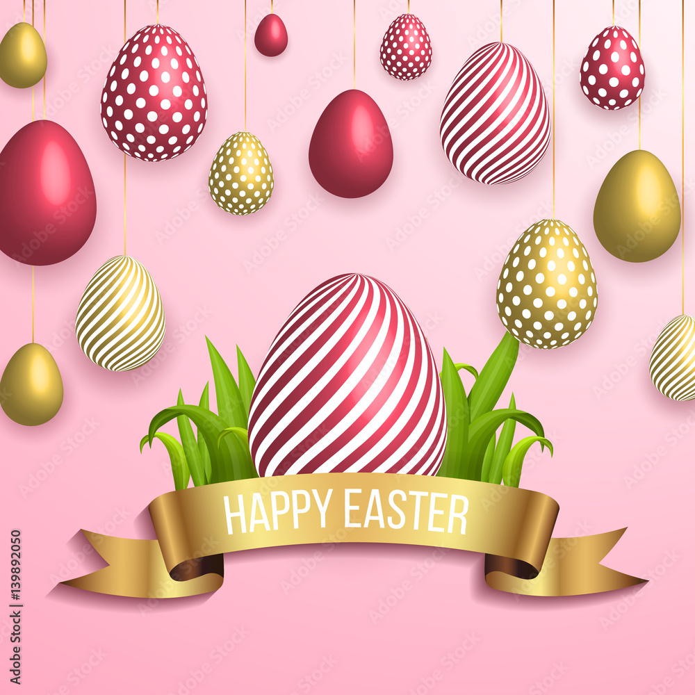 Happy easter template with gold ribbon and eggs, frame, green ...