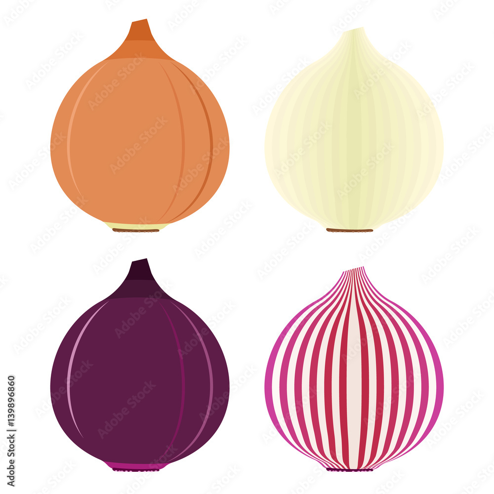 Onion symbols or flat icons with red and golden, sliced and whole fresh ...