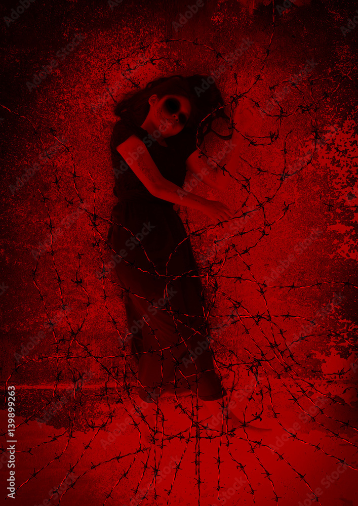Ghost woman with barbed wire,Scary background for book cover Stock ...