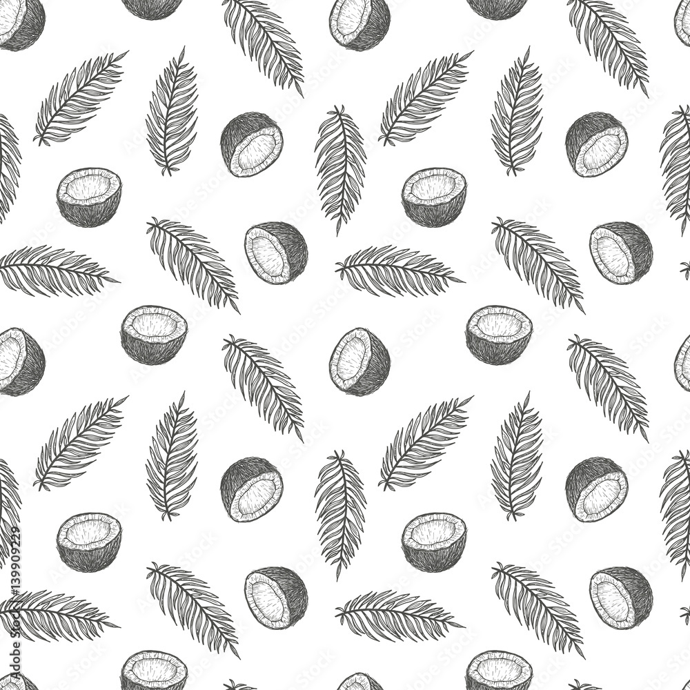 Hand drawn vector seamless pattern or background with coconut. Natural ...
