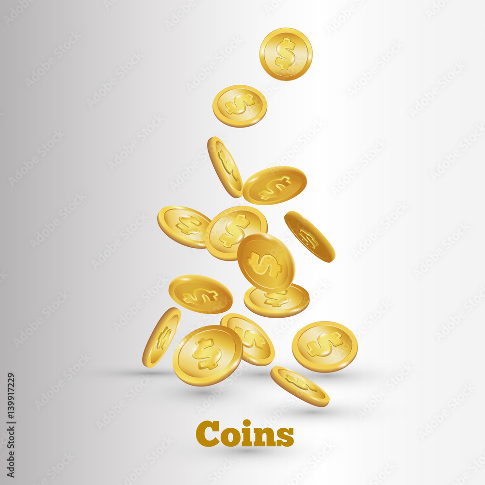 Gold coins falling down. Coin icon with shadows. Isolated on white. 3d ...