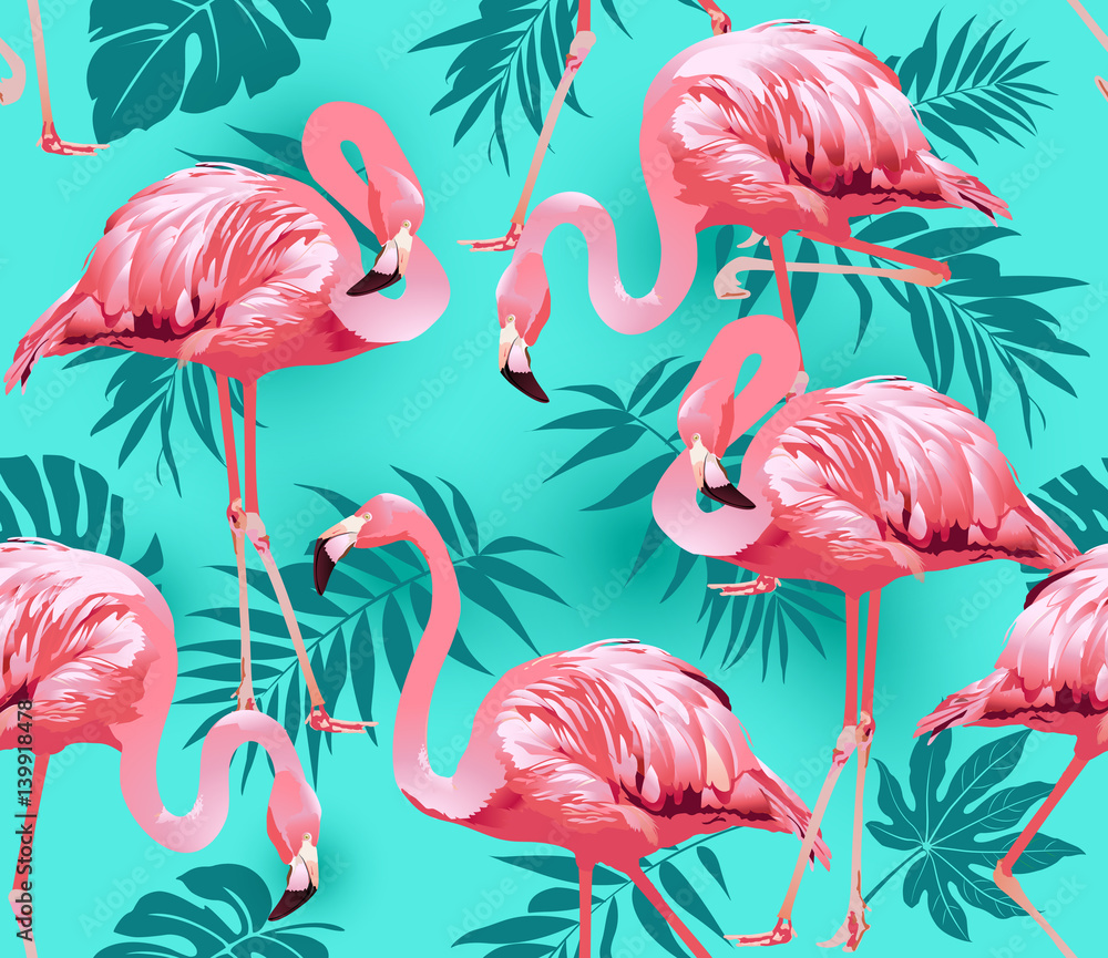 Flamingo Bird and Tropical Flowers Background - Seamless pattern vector ...