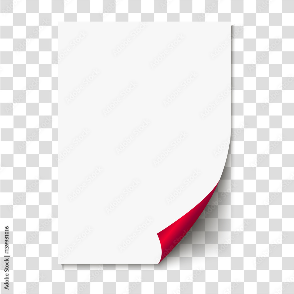 Red page curl on empty sheet paper with shadow. Realistic blank folded ...