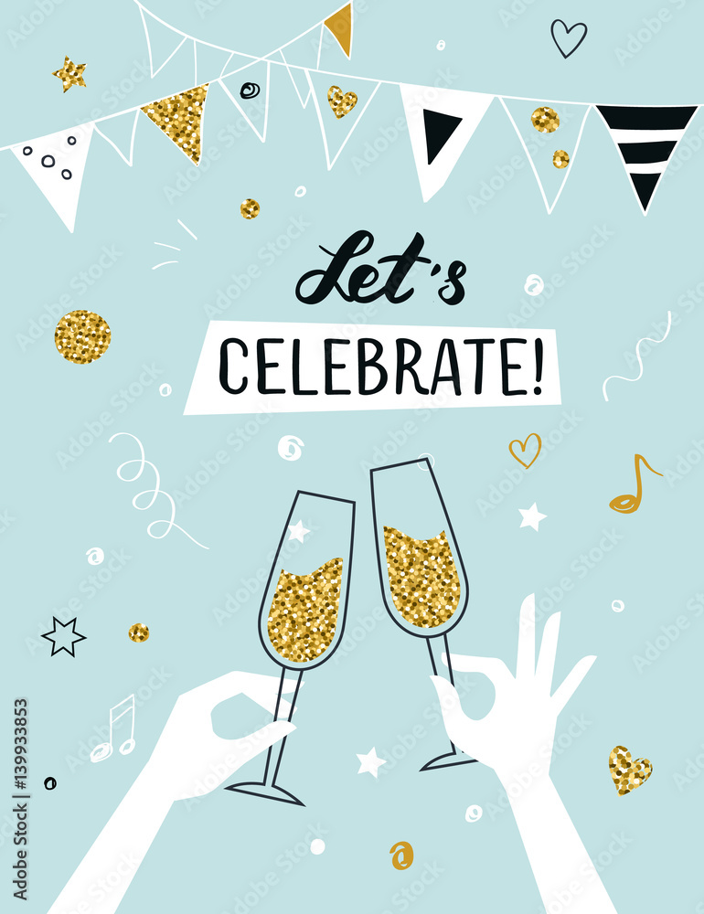 Party invitation background raised hands holding champagne glasses ...