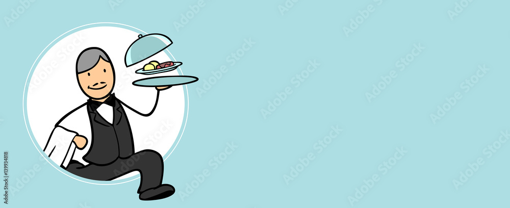 Cartoon Kellner läuft mit einem Tablett Stock Illustration | Adobe Stock