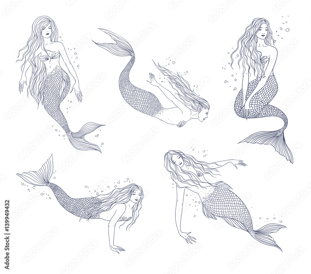 Mermaid in various postures hand drawn contour illustration set ...