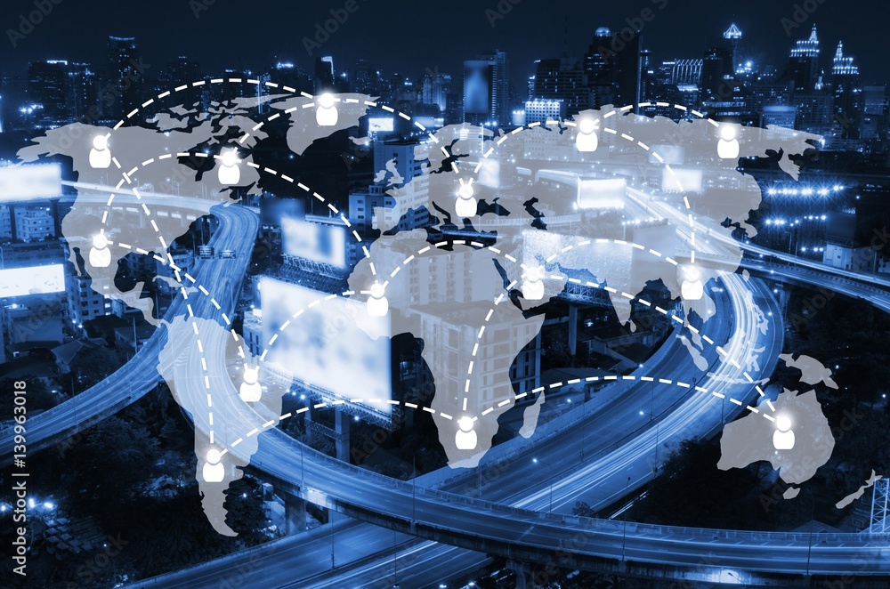 world map with social media connection icon on night city background ...