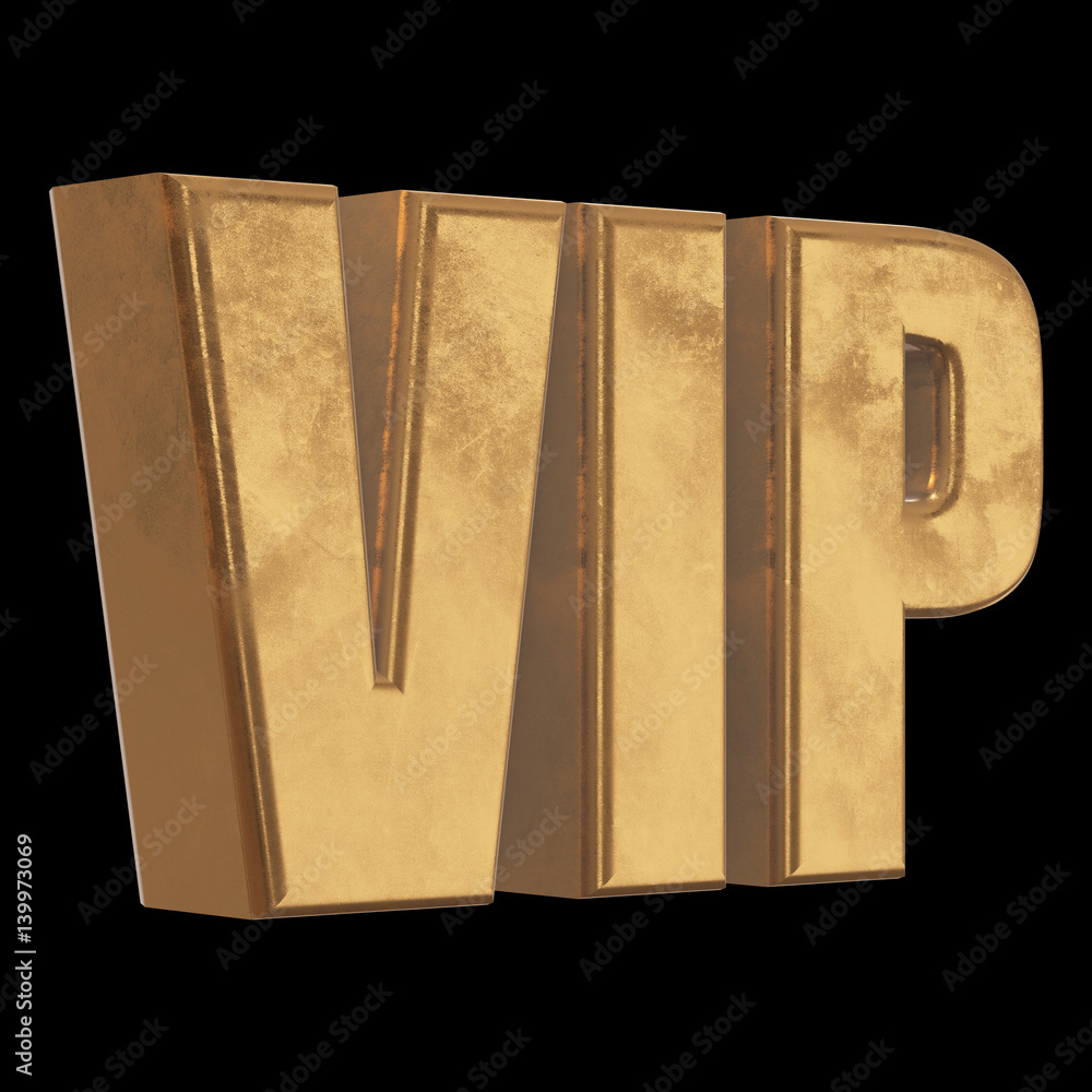 Golden letters VIP. 3d render on black background. Very mportant person ...
