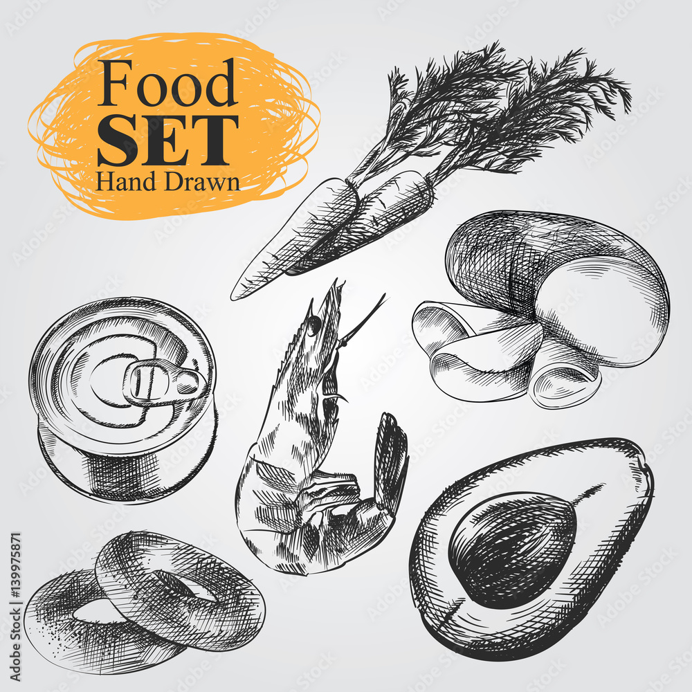 Hand drawn set of different food isolated on white background. Food ...