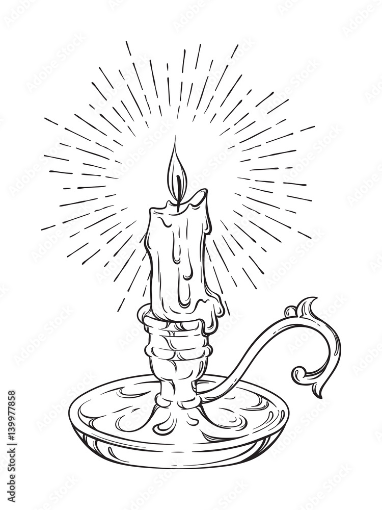Hand drawn burning candle in vintage candlestick with rays of light ...