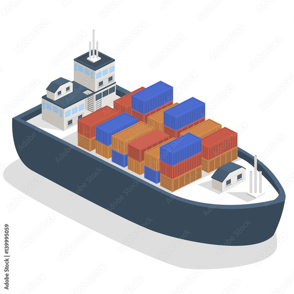 Isometric 3D concept vector illustration A cargo ship carries steel ...