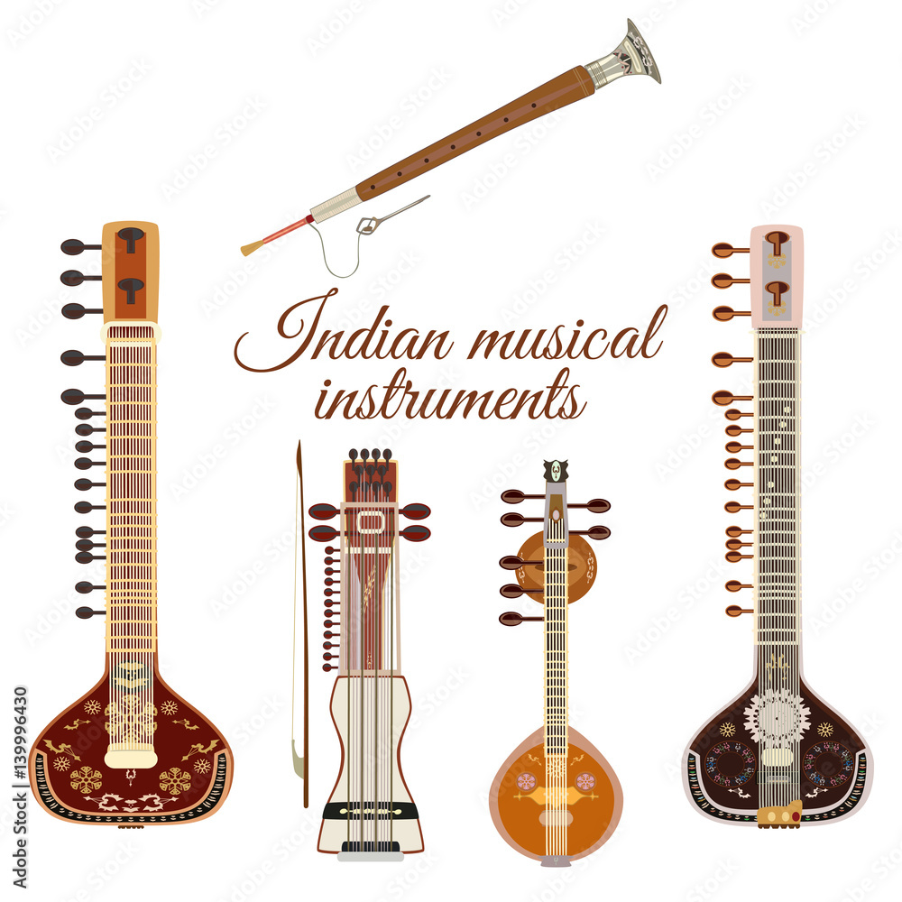 Vector set of indian musical instruments, flat style. Stock Vector ...