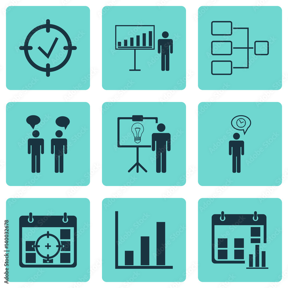 Set Of 9 Administration Icons. Includes Team Meeting, Project Targets ...