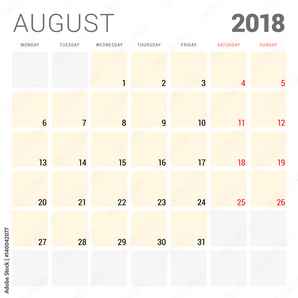 2018 calendar planner vector design template. August. Week starts on ...